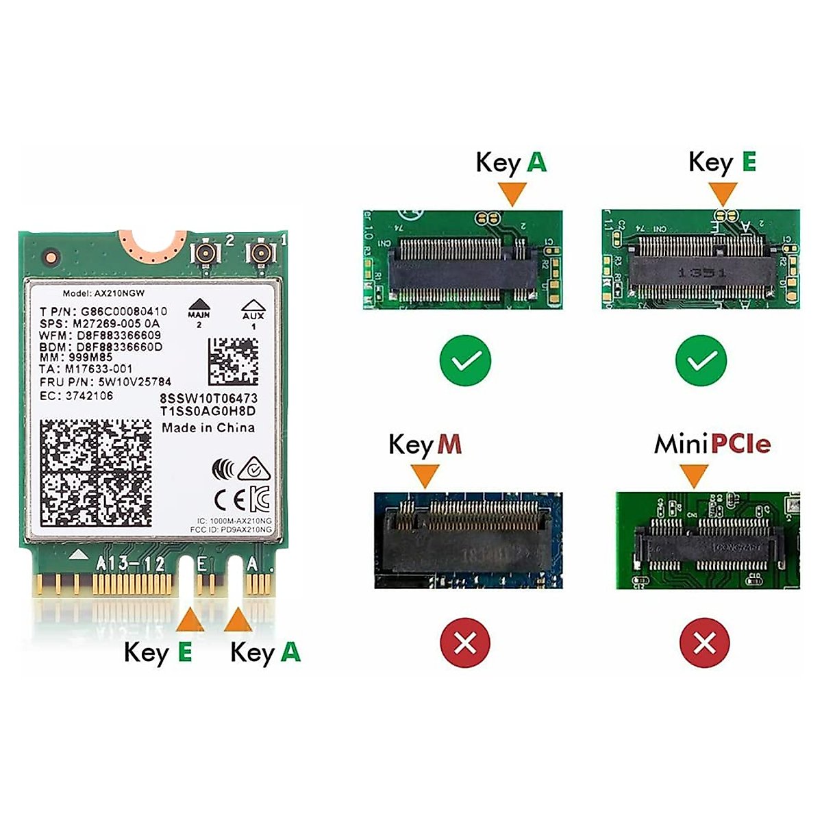 Wi-Fi 6E AX210NGW Wireless WiFi Card BT5.2 M.2 2230 Tri-Band Expands WiFi to 6GHz 160MHz 802.11ax ac MU-MIMO AX210 AX5400Mbps wifi 6E Network Card Better AX200NGW for PC Laptops Only for Windows 10 11