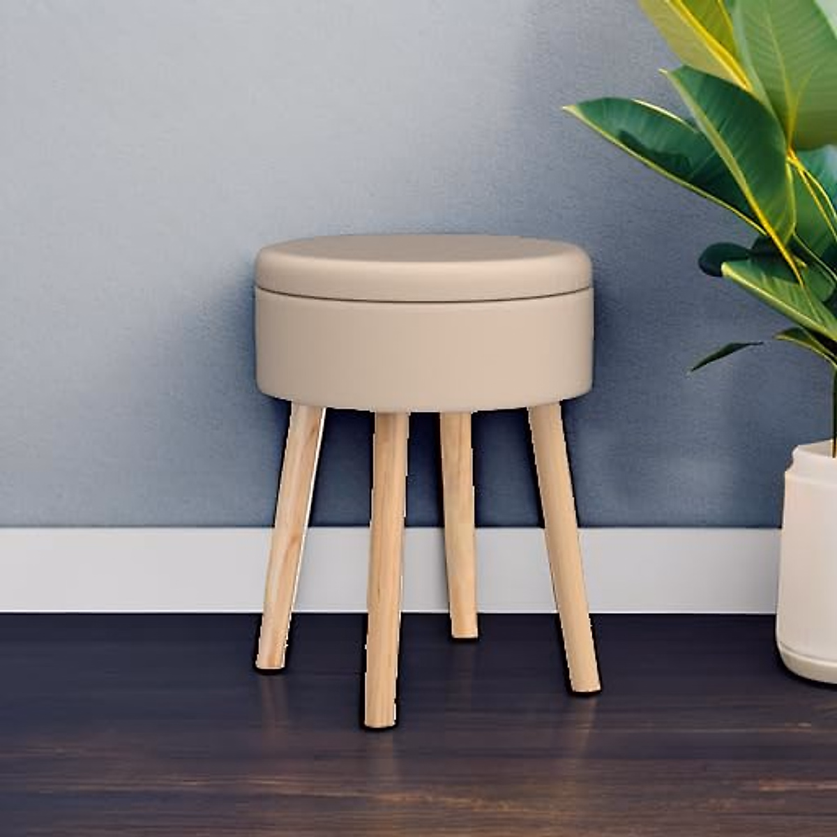 Mxfurhawa Storage Ottoman Linen Round Vanity Stool Tray Top Modern Foot Stool with Wood Legs Multifunctional Upholstered Foot Ottoman Rest for Living Room, Bathroom, Makeup (Beige)