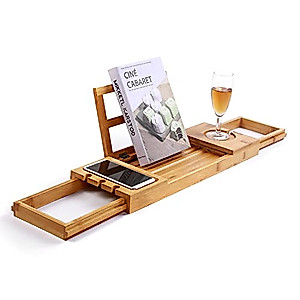 Utoplike Bamboo Bathtub Caddy Tray Bath Tray for Tub, Adjustable Bathroom Bathtub Organizer with Book Tablet Wine Glass Cup Towel Holder,Distinctive Gift for Christmas