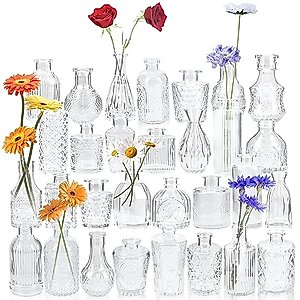 Yirilan Glass Bud Vases Set of 30, Small Vases for Flowers, Clear Flower Vases in Bulk for Centerpieces, Vintage Mini Vases for Wedding Decor, Home Table Decorations.
