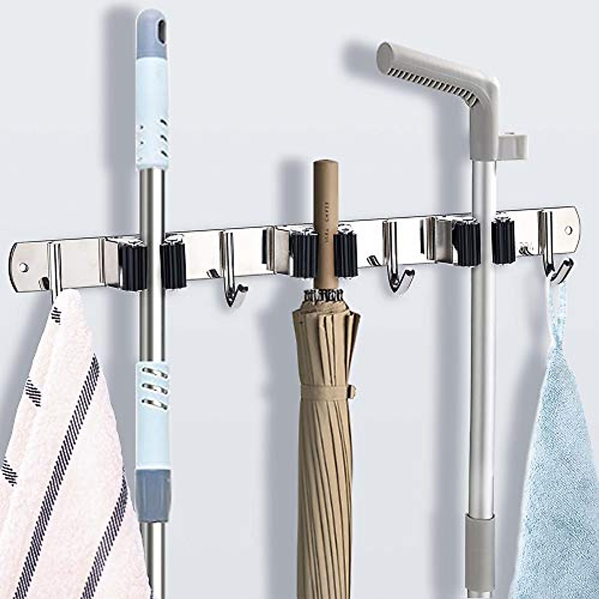 ANDERZS Broom Holder Wall Mount，Latest Upgrade Stainless Steel Holder Wall Mounted Heavy Duty Broom Mop Hanger， for Kitchen Bathroom Garage Organizer Closet Office and Garden,White