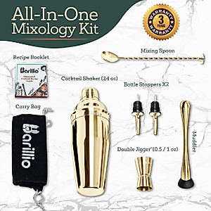 Gold Cocktail Shaker Set Bartender Kit by BARILLIO: 24 oz Stainless Steel Martini Mixer, Muddler, Mixing Spoon, Jigger, 2 Liquor pourers, Velvet Bag, Recipes Booklet & eBook…