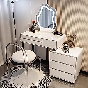 Topjia Vanity Desk Set with Adjustable LED Lighted Mirror, Modern 6 Drawers Makeup Vanity&Acrylic Chair,Makeup Vanity Table Set with Storage Cabinet for Women Girl Bedroom