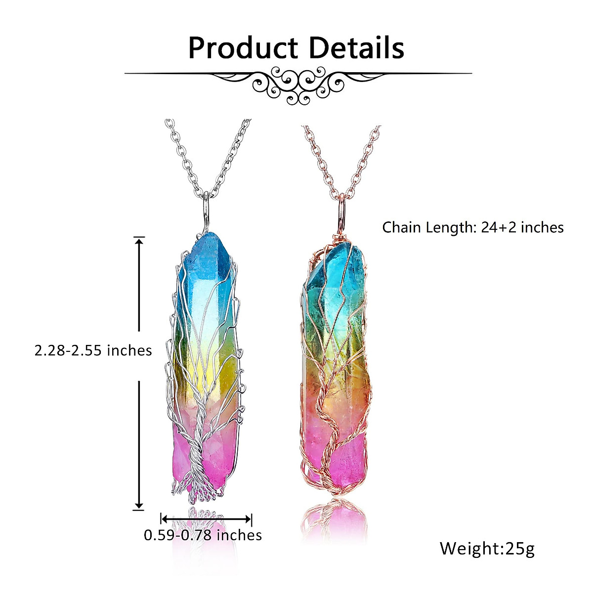 VadiForest 2pcs Chakra Tree of Life Quartz Crystal Pendant Necklace Natural Gemstone Reiki Healing Stone Necklaces Handmade Wire Wrap Raw Rock Charm Jewelry Gift for Yoga Meditation Good Energy Women