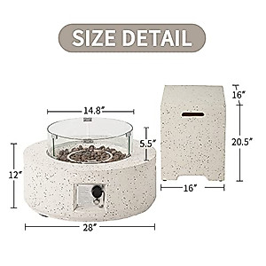 SUNBURY Outdoor 28 Inch Propane Fire Pit Table, Round Fire Table w Tank Table, 40,000 BTU Spotted White Patio Gas Fire Table w Tempered Glass Wind Guard, Waterproof Cover