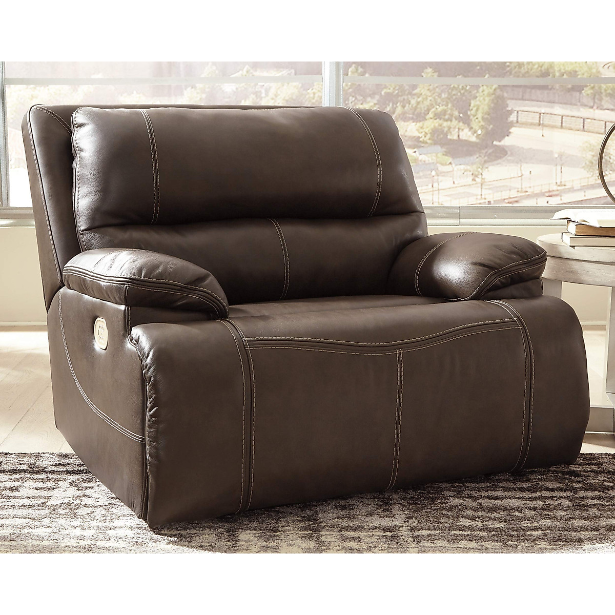 Signature Design by Ashley Ricmen Leather Adjustable Oversized Power Recliner with USB Charging, Dark Brown