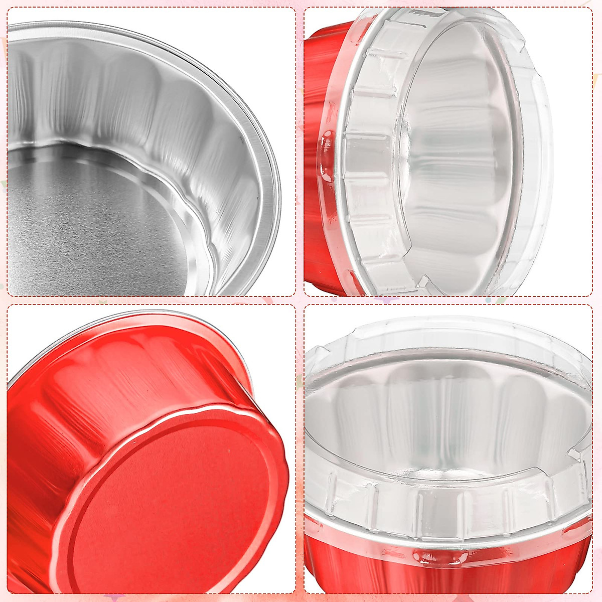 100 Pack Disposable Ramekins with Lids 8 oz Creme Brulee Ramekin Aluminum Foil Cup Cupcake Liner for Baking Disposable Muffin Tin Pan Cheesecake Container for Catering Wedding Party (Red, Silver)