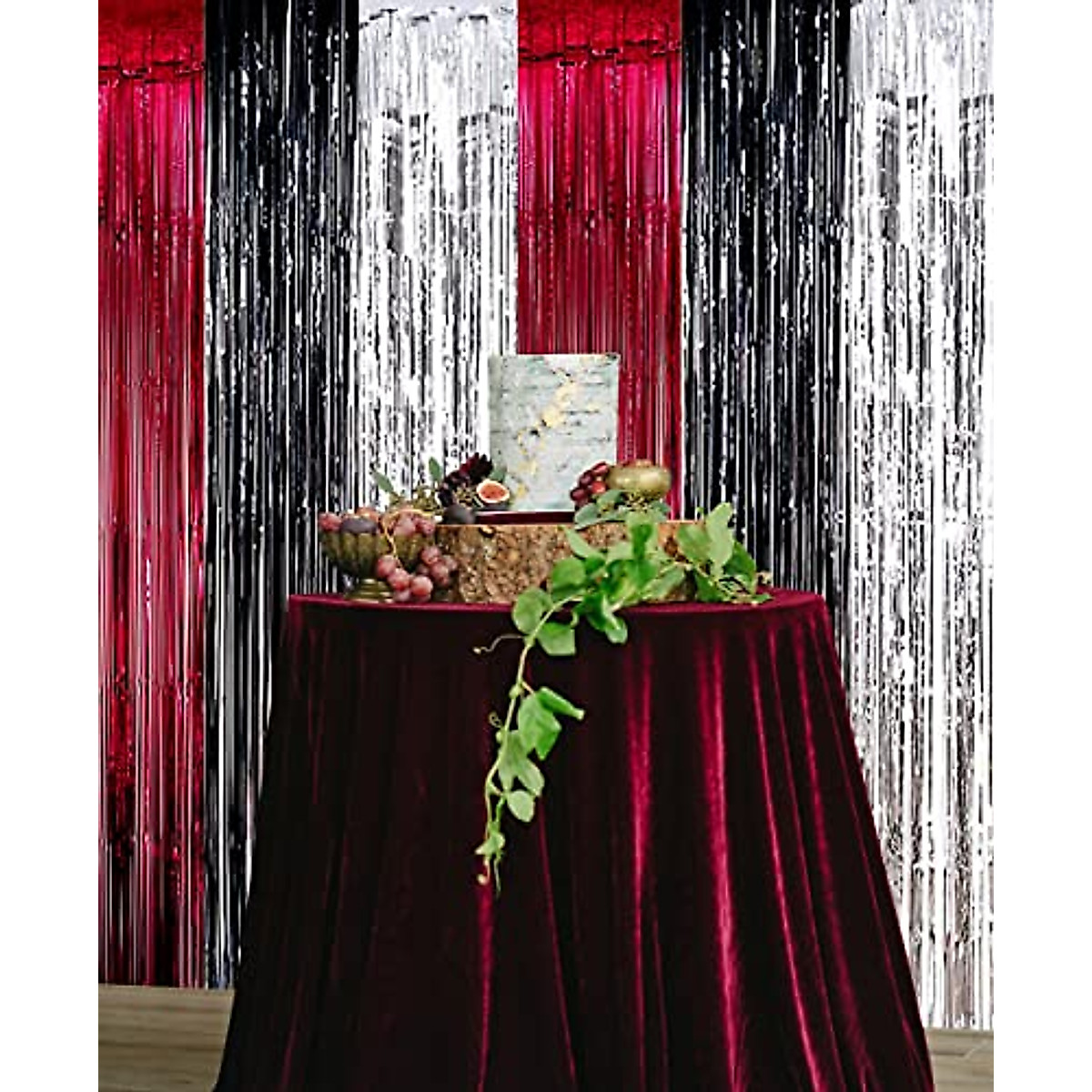 HappyField Burgundy Black Silver Foil Fringe Curtains for Bridal Shower Baby Shower Wedding Gender Reveal Maroon Black Silver Birthday Party Decorations Maroon Graduation Party Decorations 2023
