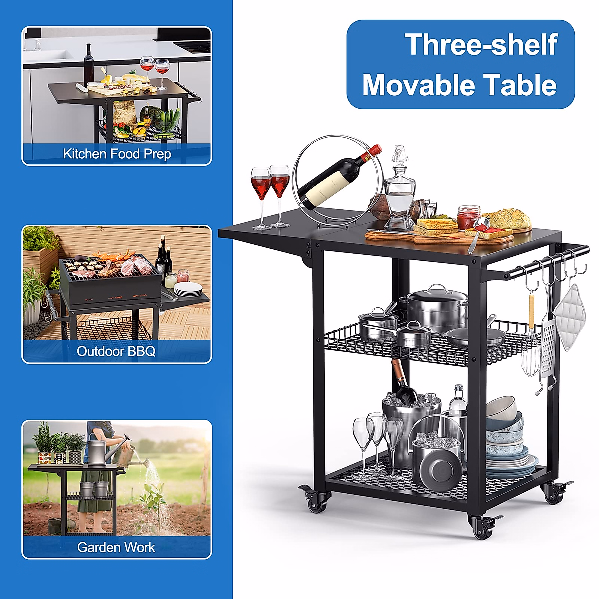 inkmin Outdoor Dining Table Three-Shelf Trolley Movable BBQ Cart Stainles Commercial Multifunctional Kitchen Food Prep Worktable Patio Bar Table