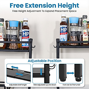 yudeke Stove Top Shelf, Extendable Spice Rack for Kitchen - Adjustable Over-the-Stove Shelf with 4 Hooks, Seasoning Organizer Countertop, Extra Space Saver (Black)