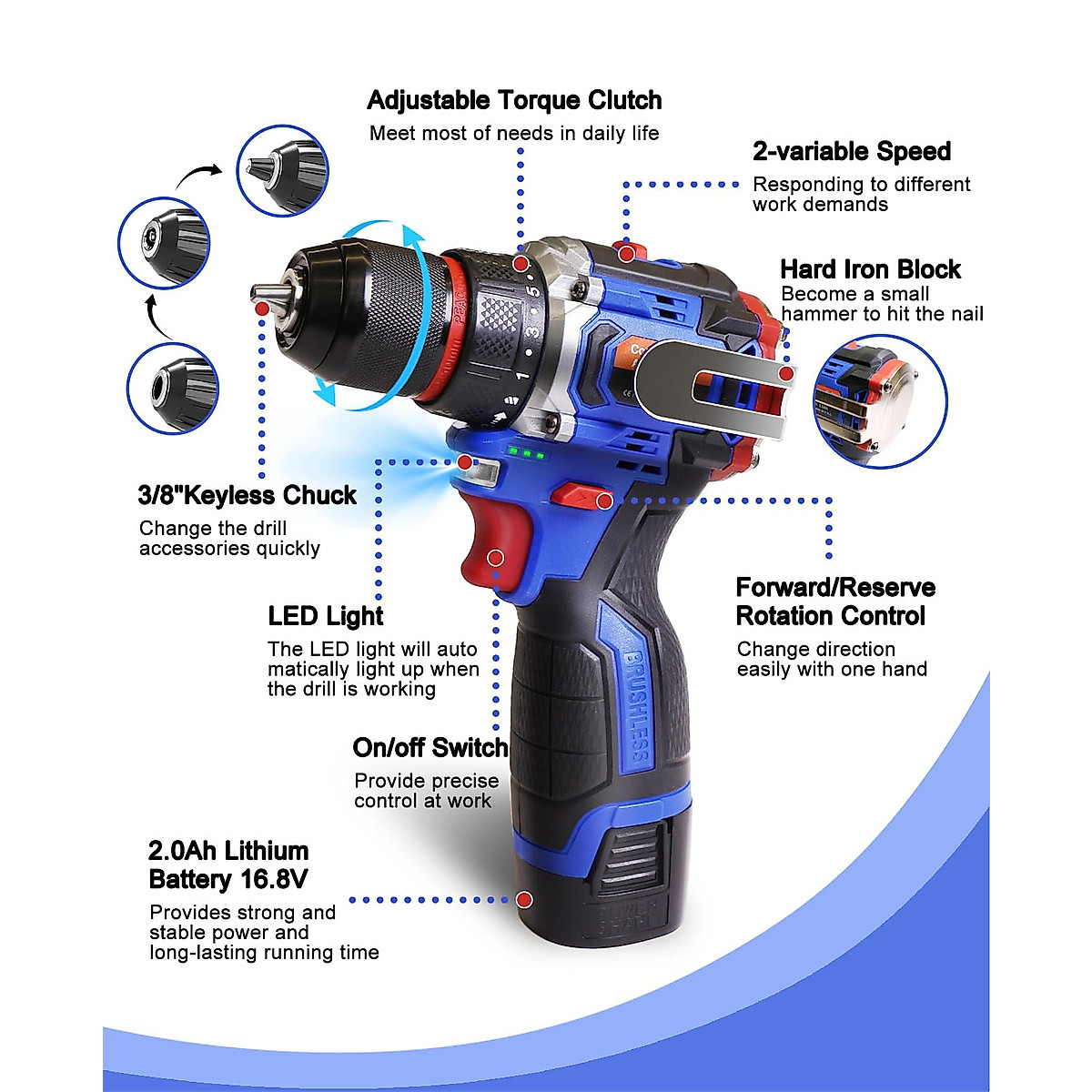 Aspro Cordless Drill, 16.8v Brushless Power Drill Set with Battery and Charger, 2 Variable Speed, 3/8'' Keyless Chuck, Built-In LED, Versatile Small Drills for Electric Drilling and Screwing