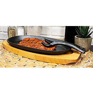 Ebros Personal Sized 9.5"Lx5.5"W Cast Iron Sizzling Fajita Skillet Japanese Steak Plate With Handle and Wooden Base For Restaurant Home Kitchen Cooking Accessory For Pan Grilling Meats Seafood