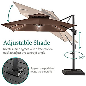 Best Choice Products 10x10ft 2-Tier Square Cantilever Patio Umbrella with Solar LED Lights, Offset Hanging Outdoor Sun Shade for Backyard w/Included Fillable Base, 360 Rotation - Brown
