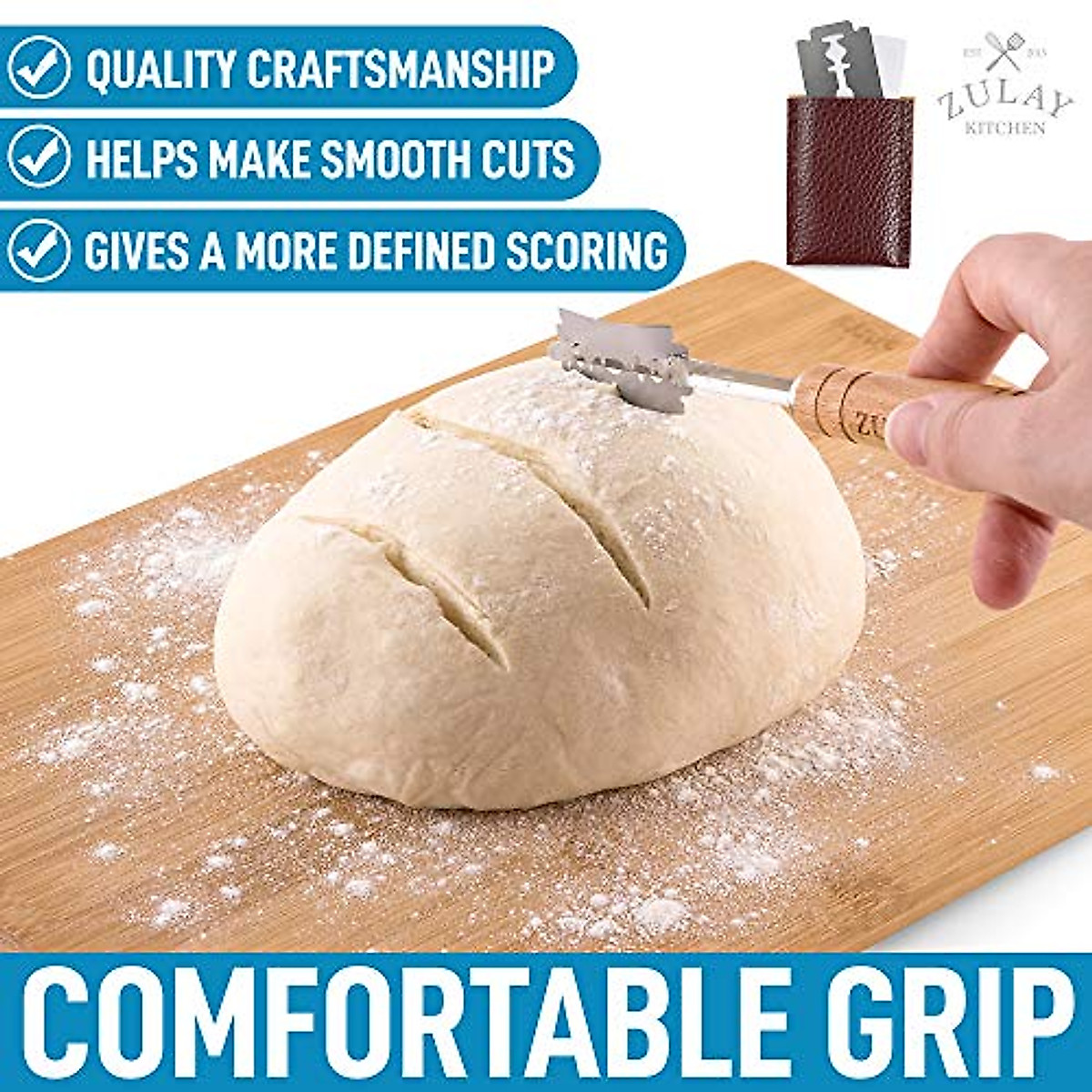 Zulay Kitchen Bread Lame Dough Scoring Tool - Hand Crafted Bread Scoring Tool to Cut Designs on Sourdough, Homemade Bread - Bread Scoring Knife With 6 Stainless Steel Razor Blades and Leather Cover