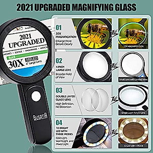 BUSATIA Magnifying Glass 30X, 18LED Handheld Magnifying Glass with Light, 4in Large Glass Magnifier with 3 Modes, Illuminated Magnifying Glass for Reading, Hobbies - with a Lens Cloth(Black)