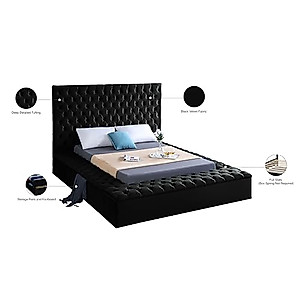 Meridian Furniture Bliss Collection Modern | Contemporary Velvet Upholstered Bed with Deep Button Tufting and Storage Compartments in Rails and Footboard, Black, Queen