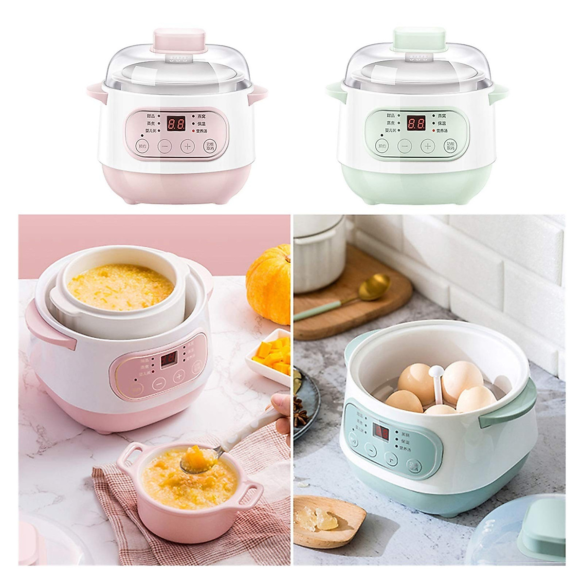Intelligent Electric Slow Cooker Ceramics Water Stew Pot 200W Smart Reservation+Timing Electric Cooker Stew 1L Household (Color : Pink)