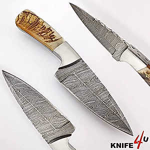 Knife4U Damascus Hunting Knife With Sheath|8"Best Camping,Hiking,Tactical,Survival Knife For Men|EDC Bushcraft Accessories Tool|Sharp Blade With Natural Handle And Knife Display Box (Rams Horn)