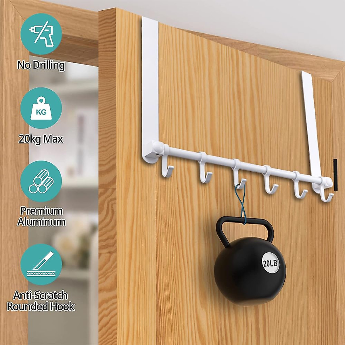 MGahyi Over The Door Hooks Hanger, Moving 6-Hooks,Over Door Towel Rack,Door Coat Hanger, Upgraded Long Arms for Bathroom Accessories (White)
