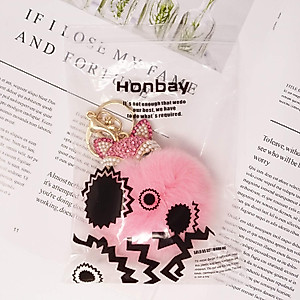 Honbay Faux Rabbit Fur Fluffy Keychain Fashion Fox Head Alloy Keychain Sparkly Rhinestone Handbag Backpack Car Keychain (Pink)