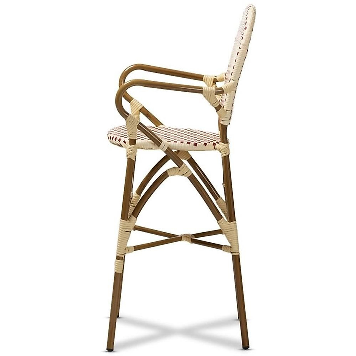 Baxton Studio Marguerite Classic French Indoor and Outdoor Beige and Red Bamboo Style Stackable Bistro Bar Stool