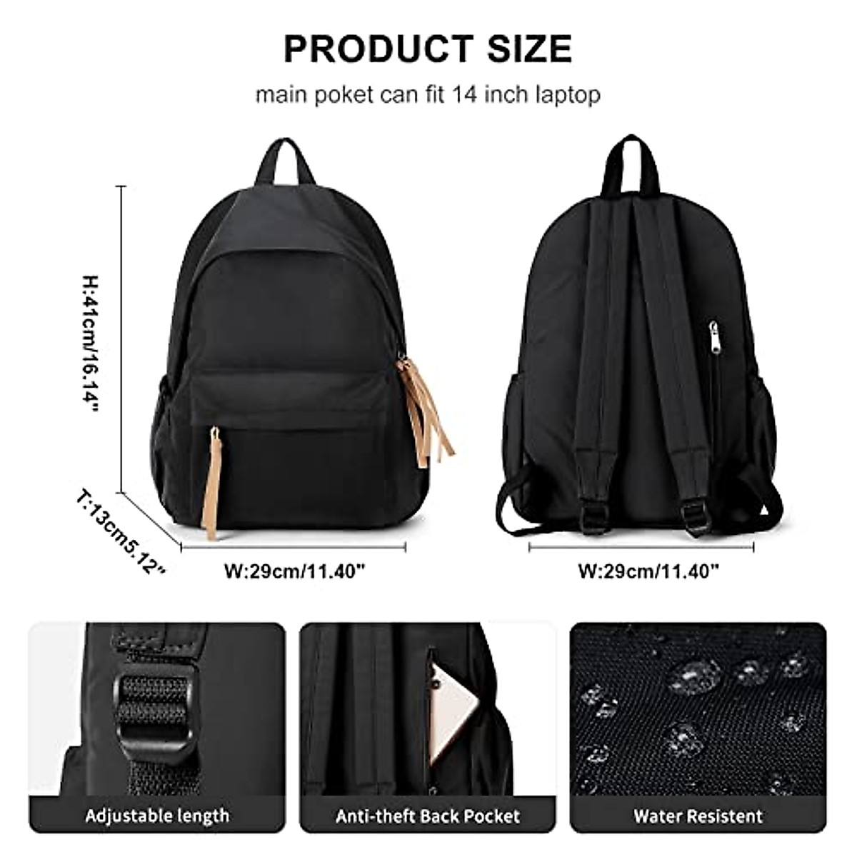 Black School Backpack For Girls Boy High School Middle Bookbag ,Classic Basic Junior college Schoolbag Lightweight Resistant Waterproof Small Backpack For Women Casual Travel Daypack