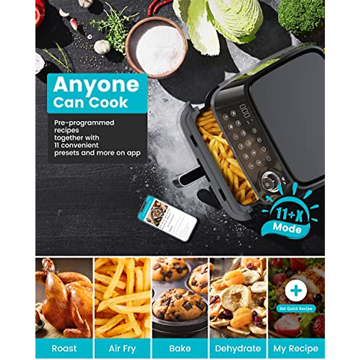 ecozy Air Fryer 6 Quart with See-Through Window Smart WiFi (100 Recipes), 11 Presets+ One-Touch Recipe Function, Dishwasher Safe, Black