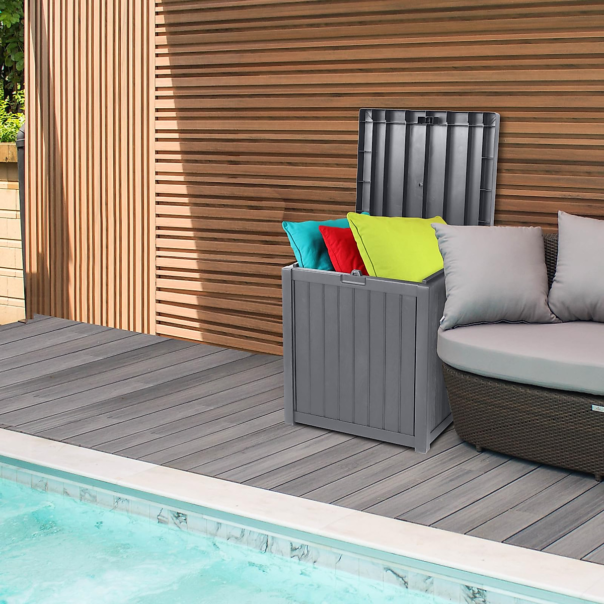 VINGLI 51 Gallon Outdoor Deck Box, Plastic Deck Box Design with Convenient Handles, Lockable Storage Box for Patio, Garden, Backyard and Balcony (Grey)