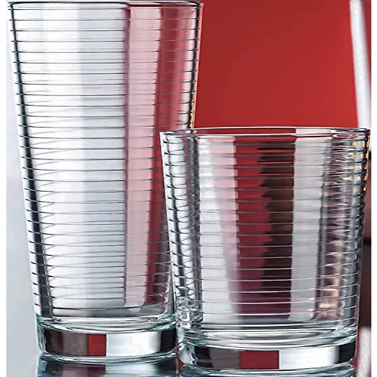 Le'raze Set of 16 Heavy Base Ribbed Durable Drinking Glasses Includes 8 Cooler Glasses (17oz) and 8 Rocks Glasses (13oz) - Clear Glass Cups - Elegant Glassware Set. Cordial Glasses