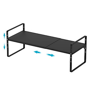 iPEGTOP Expandable Cabinet Storage Shelf Organizer, Heavy Duty Steel Metal Spice Rack Adjustable Height Home Office Garage Pantry Shelf Space Riser for Counter Kitchen Organization, Black, 1 Pack
