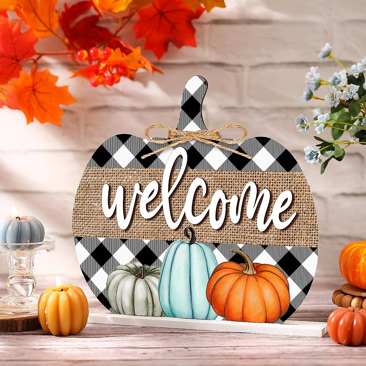 Geetery Thanksgiving Hello Fall Pumpkin Sign Decorations 12 Inch Double Printing Wooden Autumn Buffalo Plaid Welcome Tabletop Decor Farmhouse Thanksgiving Decorations for Harvest Living Room