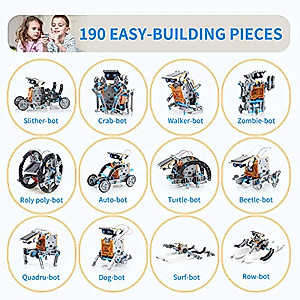 CUDNY Robot Kit 12-in-1 Science STEM Solar Robot Kit Toys for Kids - 190 Pieces DIY Building Science Experiment Kit for Kids Aged 8-10 and Older, Educational DIY Assembly Kit with Solar Powered