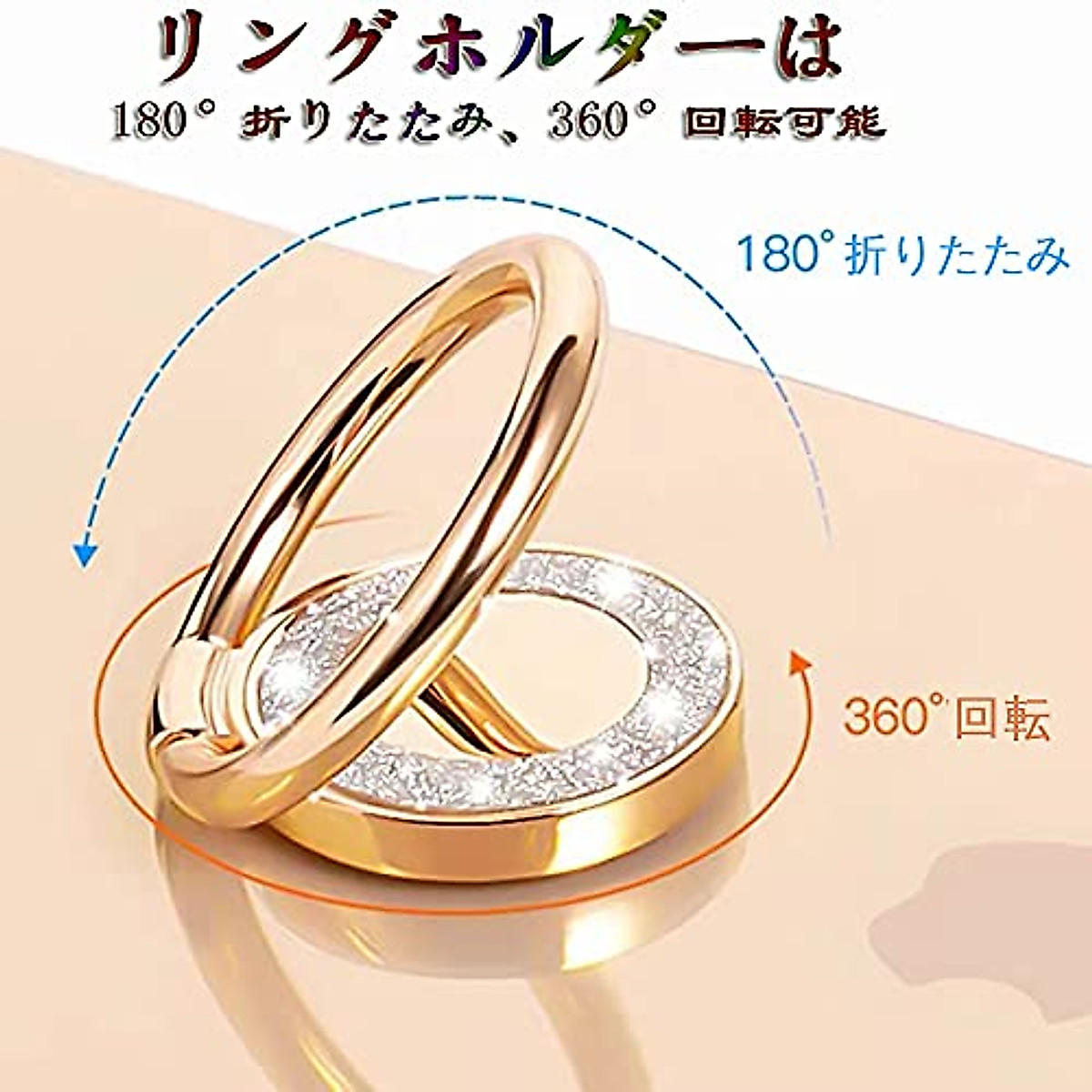 MuZiFei Glitter Bling Bling Phone Ring Holder,2-Pack Heart Crystal Diamond Rhinestone Sparkle Universal 360° Rotation Cell Phone Stent Holder Grip Kickstand for Almost All Phones/Cases(Gold)