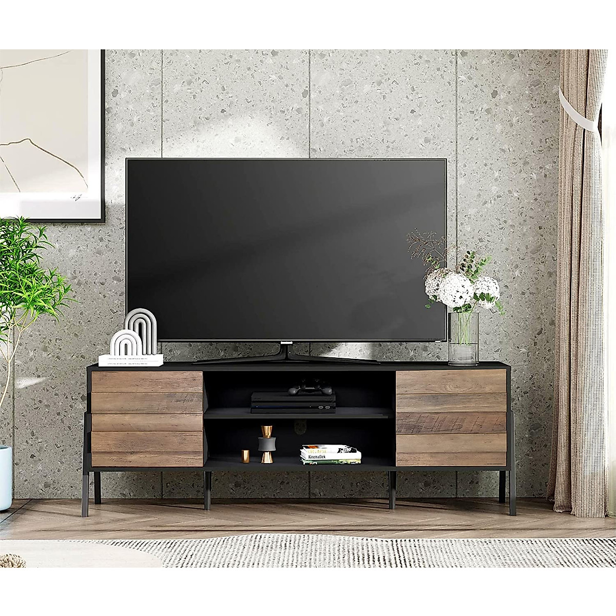 WAMPAT Modern TV Stand 65 inch TV Table, Mid-Century Wood TV Console Entertainment Center for 55 inch TV with 6 Storage Cabinets, Media Console for Living Room Bedroom, 60‘’ Black/Brown