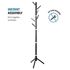 ZOBER Coat Rack Freestanding - Wooden 6 Hanger Clothing Rack with Modern Hooks for Bag, Hat, Jacket, Purse, Umbrella - Standing Hat Rack Coat Hanger for Entryway - Black