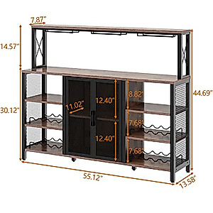 Gyfimoie Wine Bar Cabinet, 55 Inches Kitchen Sideboard Buffet Cabinet with Wine Rack Storage, Industry Coffee Bar Cabinet with Wine Rack and Glass Holder for Liquor and Glasses (Rustic)