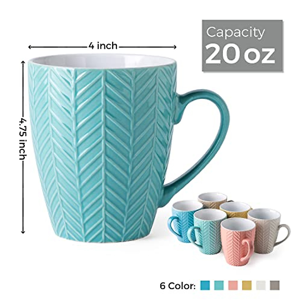 AmorArc Large Coffee Mugs Set of 6, 20oz Coffee Cups for Latte/Cappuccino/Tea/Cocoa, Ceramic Coffee Mugs with Textured Patterns for Men Women Mom Dad, Dishwasher&Microwave Safe, Multi-color