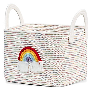 Goodpick Woven Rope Basket, Gift Basket for Kids, Medium Shelf Storage Basket, Colorful Rainbow Basket, Baby Basket with Handle, Decorative Toy Basket, 13.5 x 11 x 9 Inches