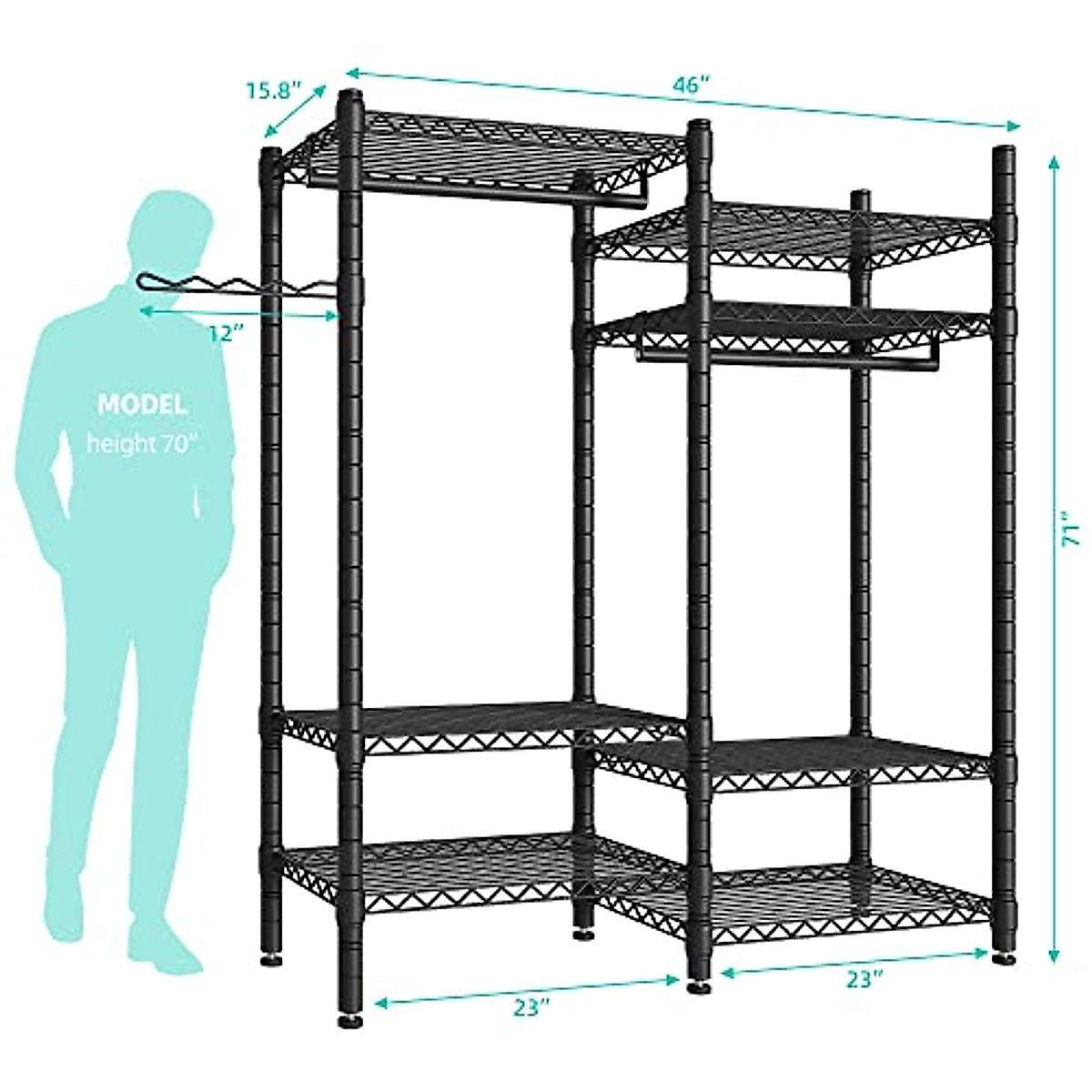 PUNION Wire Garment Rack, Heavy Duty Clothes Rack for Hanging Clothes, Metal Clothing Rack, Compact Freestanding Wardrobe Closet with Shelves Racks