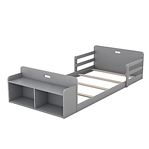 Twin Size Floor Bed with Rails and Storage Bench, Wood Kids Platform Bed Frame with Headboard and Footboard, No Box Spring Needed, Gray