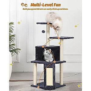 KSIIA Cat Tree for Indoor Cats 43 Inch Tall Cat Climbing Tower with Sisal-Covered Scratching Post & Board Modern Kittens Activity Condo House with Plush Perch, Grey