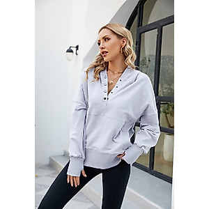 YMYDYFC Women Casual Oversized Hoodies Button Down Shirt V Neck Henley Sweatshirt Pullover Hooded Tops with Pockets Light Gray Small