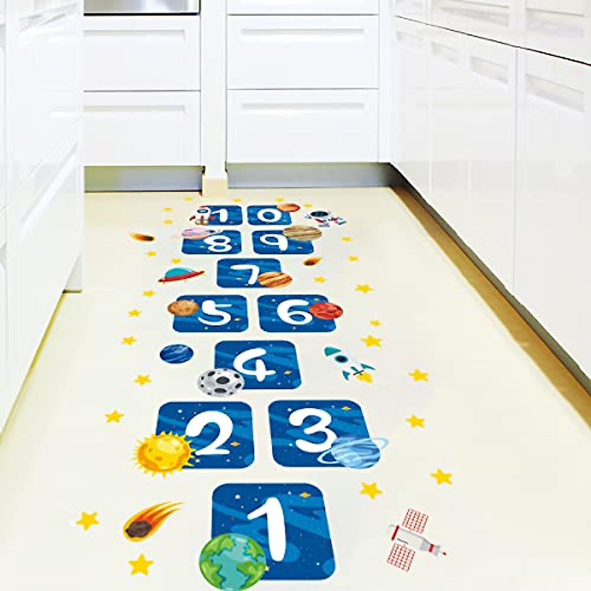 IARTTOP Funny Astronaut Number Hopscotch Decals,Outer Space Floor Stickers,Cartoon Starry DIY Digital Planet Rocket Game Decal for Nursery Kid Room Decor,Children's Floor Tile Sticker