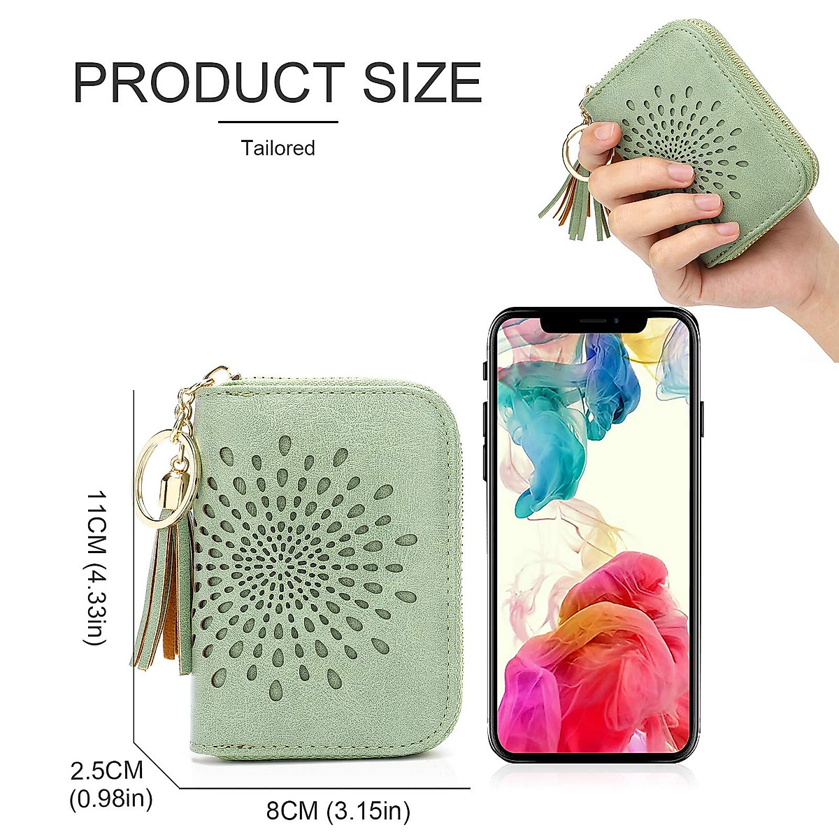 APHISON RFID Credit Card Holder Zipper Card Case Keychain Small Wallet for Women 1927 GREEN