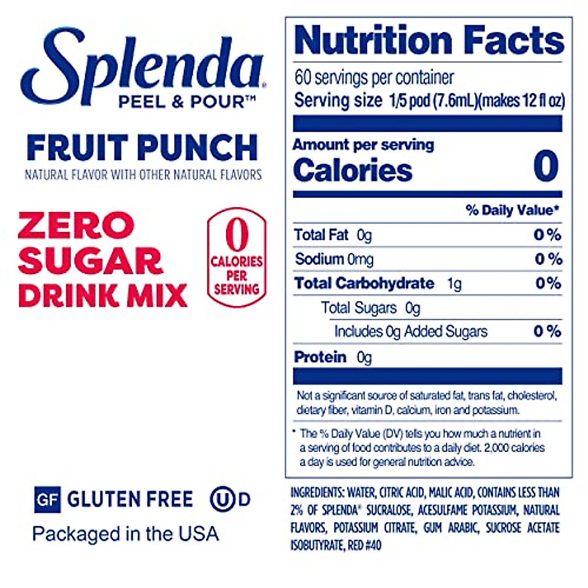 Splenda Peel and Pour Zero Calorie Drink Mix, Fruit Punch, Naturally Flavored Sugar Free Concentrate, 12 Multi Serve Liquid Pitcher Pods