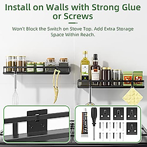 TOPCHASE Stove Top Shelf with Sides, 30” Two-section over The Stove Shelves, Black Stove Top Spice Rack, 3 Ways to Install Kitchen Spice Organizer above Stove, No Magnetic