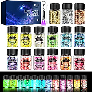 OSBANG Glow in The Dark Glitter 15 Jar - 12 Colors Glow Glitter and 3 Colors Gold Foil Flakes, High Luminous Glitter for Resin Crafts, Cosmetic, Nail, Glowing Dye for DIY