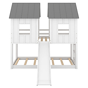 MERITLINE Twin Over Twin Bunk Beds with Slide, House Bunk Bed for Kids with Roof and Windows,Wood Floor Bunk Beds with Guard Rails, Toddlers Bunk Beds for Girls Boys (White)