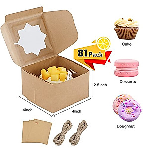 Farielyn-X 81 Packs Brown Bakery Boxes with Window Portable Single Individual Cupcake Boxes 4x4x2.5 Inches Kraft Paper Gift Boxes Holders for Pastries, Small Cakes, Cookies, Cupcakes