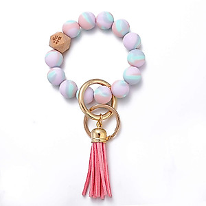 Mothers Day Gift Portable House Car Keys Ring Holder, Elastic Beaded Silicone Bracelet Bangle Wristlet Keychains W/Tassel